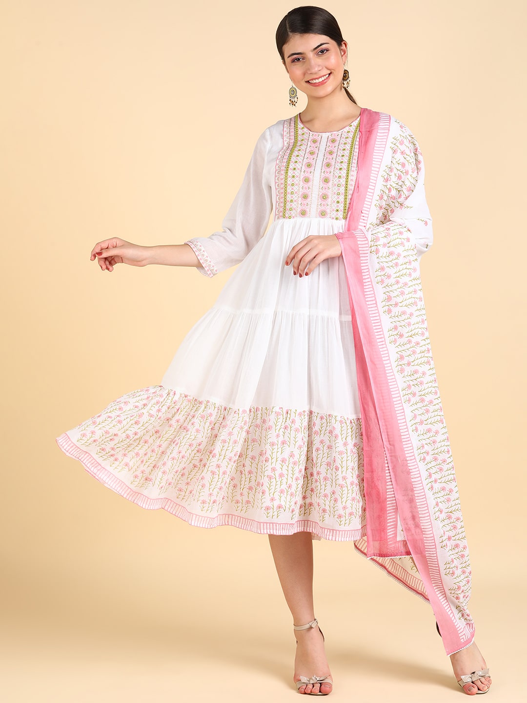 White Malmal Hand Block Print Anarkali Dress with Dupatta – Maaesa Clothing