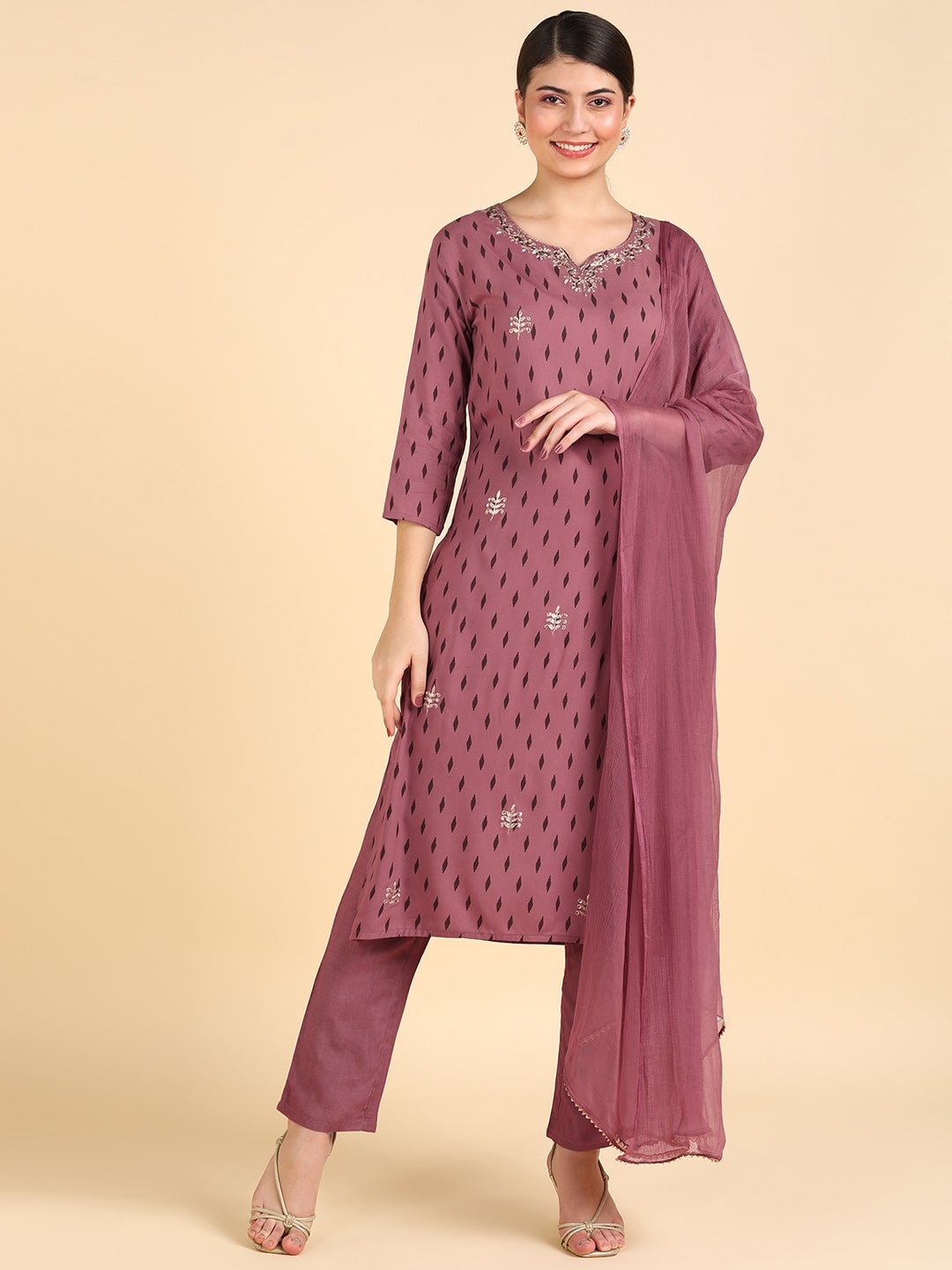 Boota Print Rayon Adda Work Suit Set With Dupatta – Maaesa Clothing